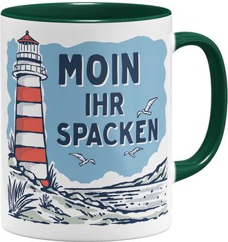 OM3 lustige Kaffee-Tasse mit Spruch - Moin Ihr Spacken - Slogan Leuchtturm Meer K&uuml;ste - Keramik Becher - 11oz 325ml - Beidseitig Bedruckt - Gr&uuml;n