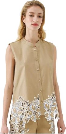 Access Fashion Access Fashion, Femme, Tops, Vert, Taille: 36 FR D&eacute;bardeur en coton &agrave; ourlet festonn&eacute;
