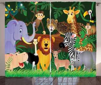 Abakuhaus Zoo Rustikaler Vorhang, Exotischer Dschungel Fr&ouml;hlicher Spa&szlig;, Wohnzimmer Universalband Gardinen mit Schlaufen und Haken, 280 x 225 cm, Mehrfarbig