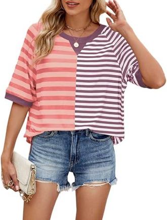 Generic T-shirt ray&eacute; pour femme - Col rond | T-shirt d&eacute;t&eacute; ample tendance basique - &Agrave; porter au quotidien, Orange, M