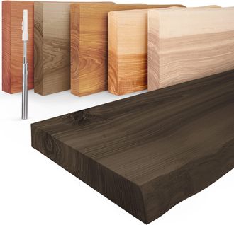 Lamofootwear Manufaktur Schweberegal Holz mit unsichtbarer Befestigung | Wandregal 140 cm breit f&uuml;r Wohnzimmer, Home Office | Farbe: Schwarz, Kante: nat&uuml;rlich | Ma