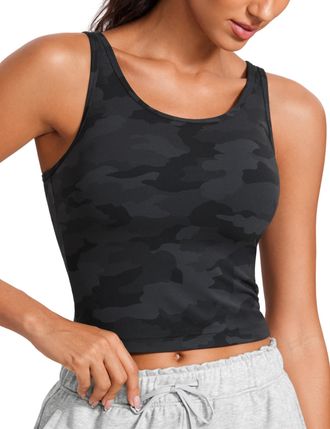 CRZ YOGA Damen Butterluxe Doppelt Gefüttert Tanktop Sport Fitness Ärmellose Racerback Crop Top Casual Cropped Oberteile Dunkelgraue Tarnung 2 40