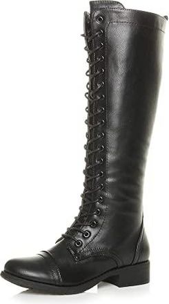 Ajvani Femmes talon bas hauteur du genou mollet armée lacer bottes militaires pointure Noir 4 37