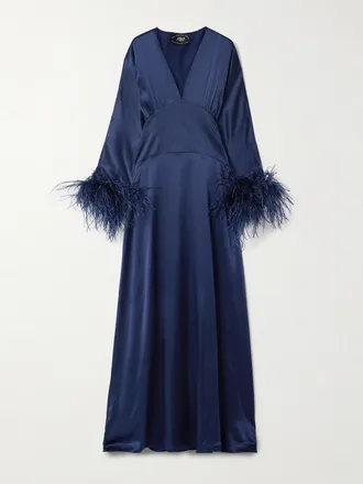 Taller Marmo Robe Du Soir En Satin De Soie &Agrave; Plumes Elvira - Bleu
