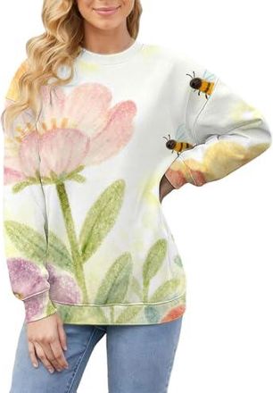 Generic Sweat-shirt à manches longues et col rond imprimé aquarelle décontracté et confortable pour femme, Sweat-shirts à col rond rose clair pour femmes, XXL