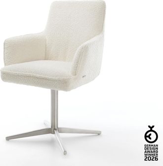 DELIFE Drehstuhl Heira-Flex mit Armlehnen Boucl&eacute; Wei&szlig; Fu&szlig;kreuz Edelstahl 360&deg; drehbar Taschenfederkern, Esszimmerst&uuml;hle