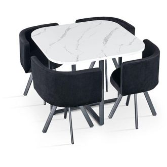 Menzzo Table carr&eacute;e 90cm avec 4 chaises gain de place Oslo Effet marbre blanc et Velours Noir
