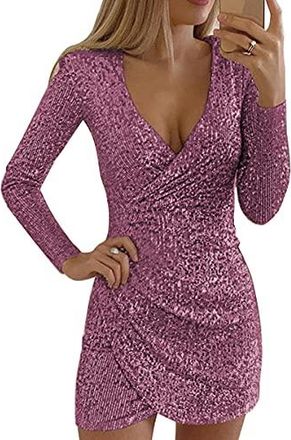 ORANDESIGNE Robe Femme Club Libertin Sexy Manche Longue Col en V Sexy Moulant Casual Paillette Brillante Disco Robe Mini Chic Clubwear Cocktail Moulante A Rose L