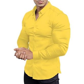 Generic Chemises musculaires pour homme - Grande taille - Chemise &agrave; manches longues boutonn&eacute;e - Col standard - T-shirt de gym formel uni urbain &eacute;l&eacute;gant - T-sh