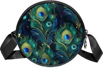 Generic Sac &agrave; bandouli&egrave;re rond rond pour femme, motif plumes de paon, avec fermeture &eacute;clair, bretelles r&eacute;glables, style d&eacute;contract&eacute;
