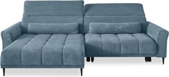 Möbelando Wohnlandschaft >Wolve< blau, Ottomane Links, elektrische Sitztiefenverstellung, Metallfüße schwarz, Nosagunterfederung, Polyätherschaum, inkl. 2 Zierk