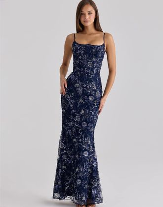 House of CB Naima - Robe corset longue orn&eacute;e de perles &agrave; la main - Bleu marine
