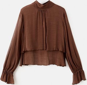Mango Chemisier &agrave; volants col montant marron - Femme - XS - MANGO