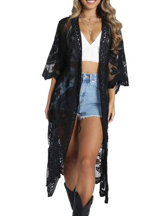 Bsubseach Damen Mesh Lace Beach Kimono Cardigan Open Front Strandponcho Bademode E-Schwarz