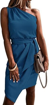 ORANDESIGNE Robe Cocktail Femme Chic Sexy Été Épaules Dénudées Bodycon Dress Midi sans Manches Couleur Unie Robe Portefeuille Courte Satin Soiree Robe A Bleu XXL