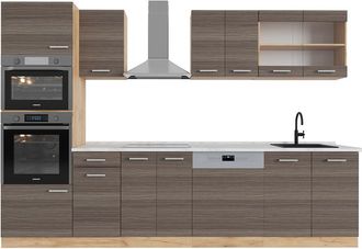 Vicco Küchenzeile R-Line, Edelgrau/Goldkraft Eiche, 300 cm mit Hochschrank, AP Marmor