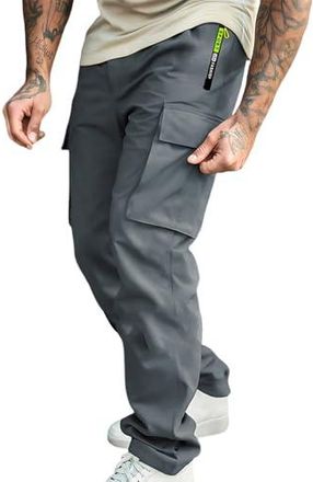 Generic Pantalon cargo pour homme - Pantalon de sport d&eacute;contract&eacute; - Jambe droite - Pantalon de surv&ecirc;tement ample tendance &agrave; double genou, gris fonc&eacute;, 3XL