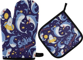 Mnsruu Ofenhandschuhe und Topflappen, Hai, hitzebeständig, für Küche, Backen, Grillen, 2 Stück