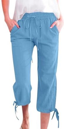 Generic Pantalon d&eacute;t&eacute; 7/8 pour femme - L&eacute;ger - Avec cordon de serrage et poches - Pantalon en coton et lin - Pantalon &eacute;l&eacute;gant et a&eacute;r&eacute; - D&eacute;contract&eacute; - Conforta