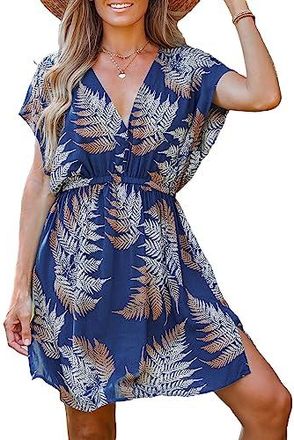 Cupshe Par&eacute;o, robe d&eacute;contract&eacute;e &agrave; col en V et &agrave; manches courtes pour femme - Motif de feuilles tropicales, bleu, XL