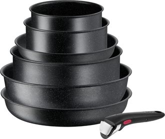 T-fal Ingenio Kochgeschirr-Set, 7-teilig, Induktion, Antihaftbeschichtung, stapelbar, platzsparend, Temperaturanzeige, gesundes Kochen, Made in France, Blac
