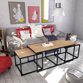 Hanah Home Modern Extendable Coffee Table with 2 Side Tables, Oak & Black, 120x60x50 cm | 100% Melamine Coated, Metal Frame, Additional Storage | Stylish & Funct