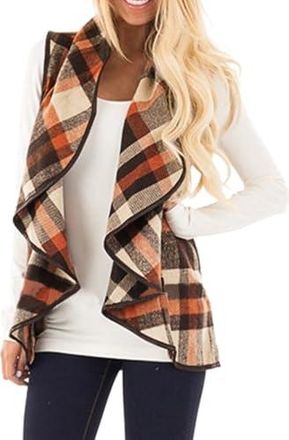 Generic 2026 Vestes &agrave; carreaux pour femmes, gilet d&eacute;contract&eacute; &agrave; revers ouvert sur le devant, cardigan sans manches, manteau avec poches, caf&eacute;, XL