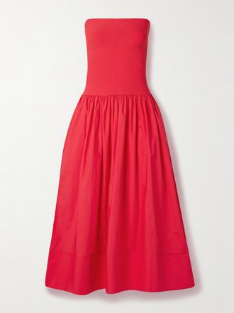 Cara Cara Glasbury Tr&auml;gerloses Midikleid Aus Rippstrick Und Baumwollpopeline Mit Raffungen - Rot