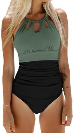 Cupshe Maillot de bain une pièce pour femme, avec décolleté, fronces, col haut, vêtement de plage tendance, noir/vert, XL