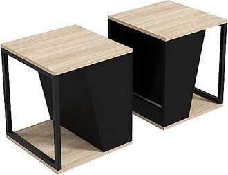 HOMCOM Lot de 2 Tables dappoint Bout de canapé avec Rangement Structure en Acier Design scandinave 40 x 40 x 45 cm - Noir et Naturel