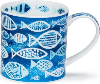 Dunoon Orkney Blue Shoal Blue Tasse, 0,35 l, feines Knochenporzellan, Fisch-Design