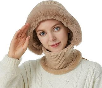 Generic Bonnet Femme Hiver Bonnet Femme Chapeau Femme Hiver Confortable Classique - Bonnet Uni Femme Hiver avec Cache-Oreilles et &Eacute;charpe Int&eacute;gr&eacute;e, Polyvalent