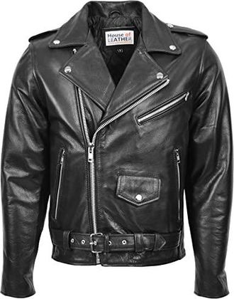 House Of Leather Kyle Veste de motard en cuir v&eacute;ritable avec fermeture &Eacute;clair crois&eacute;e Style Brando, Noir, XXL