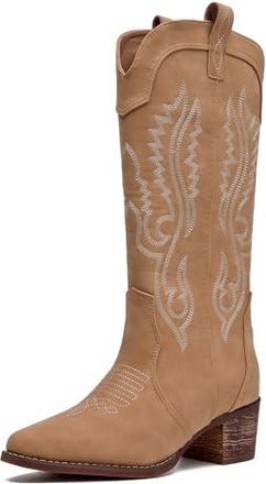 Dadawen Bottes Hautes À Talons Femme Bottes Cowboy Western Jusquau Genou avec Broderie Vintage - Brun 36