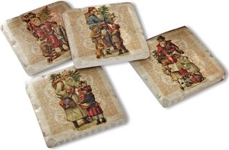 Loberon Untersetzer 4er Set Cantois, Unterschiedliche Historische Weihnachtsmotive, rutschfeste Unterseite, Weihnachtstischdeko, Weihnachten, Polyresin, Kork,
