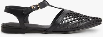 Tommy Hilfiger Ledersandalen in Schwarz mit Zierausschnitten, T-Steg und Schnalle