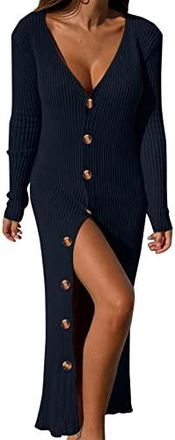 Generic Robe pull élégante pour femme - Robe longue en tricot - Col en V profond - Manches longues - Automne - Hiver - Robe sweat élégante avec bouton - Loisi