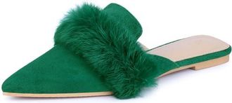 Allegra K Mules plates &agrave; enfiler &agrave; bout pointu en fausse fourrure pour femme, Vert, 38 EU