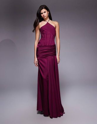 Asos Premium - Neckholder-Maxikleid in Pflaume mit Korsettdetail, Schwalbenschwanz und Drapierung-Lila