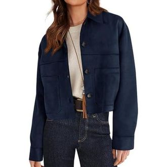 Generic Veste courte surdimensionn&eacute;e en daim pour femme avec revers crant&eacute;, manteau d&eacute;contract&eacute; boutonn&eacute; sur le devant pour lautomne et lhiver, bleu marine, X