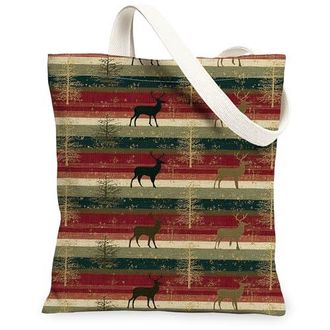 Generic Sacs fourre-tout en toile de cerf rustique, vintage, &agrave; rayures, r&eacute;utilisables, festifs, l&eacute;gers et lavables avec bandouli&egrave;re pour lext&eacute;rieur, les voyag