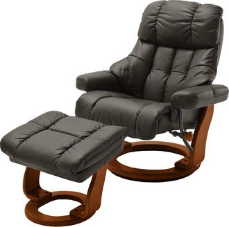 Modoform home24 Relaxsessel mit Hocker Grau/Schlamm Kontaktflächen: Echtleder Rückseiten: Kunstleder Gestell: Formholz Braun 90 x 104 x 91cm