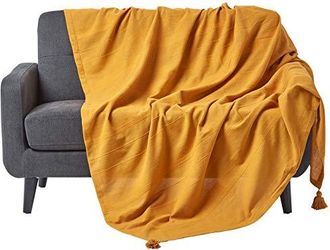 Homescapes Plaid canapé en Coton, Jeté de lit ou de canapé tissé Main - Rajput - Jaune Moutarde - 225x255 cm