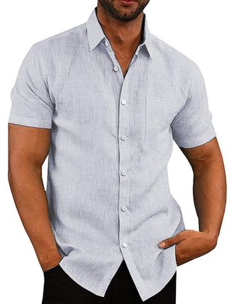 Coofandy Leinenhemd Herren Hemd Kurzarm Leicht Sommerhemd Freizeithemd Regular Fit Strandhemd Button Down Leinen Shirt Urlaub Hochzeit Klares Blau L
