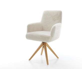 DELIFE Drehstuhl Heira-Flex mit Armlehnen Pl&uuml;sch Creme-Wei&szlig; Holzgestell kantig Natur 180&deg; drehbar Taschenfederkern, Esszimmerst&uuml;hle