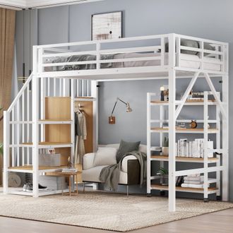 Generic Hochbett 90x200cm Wei&szlig; Natur mit Kleiderschrank & Treppe Metallbett Stabil Stauraumbett Mobiles Regal Hochschl&auml;fer Systembett Einzelbett f&uuml;r Jugendlic