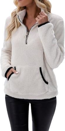 Generic Sweat-shirt en polaire pour femme avec fermeture éclair, manches longues, col montant 1/4, manteau avec poches, blanc, XXL