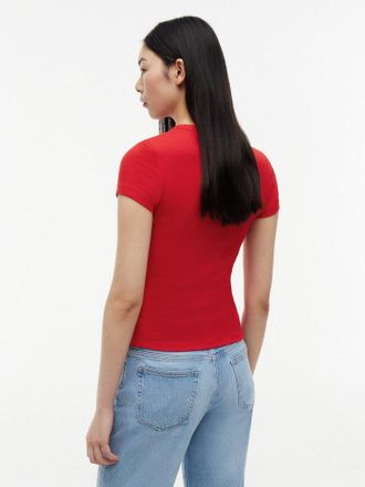 Tommy Jeans Kurzarmshirt TJW SLIM SCRIPT RIB SS TEE Baumwollmischung, slim fit, in gerippter Struktur