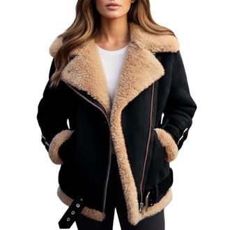 Minetom Blouson Aviateur Femme Hiver Veste En Polaire Chaude Manteau en Fausse Fourrure Blouson pour Motard A Noir XXL