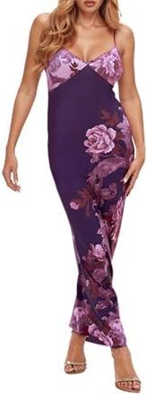 Generic Robe Femme Soiree Robe Cocktail Robe Maxi Sexy À Bretelles Spaghetti Col en V Imprimée Coupe Ajustée Style Vacances Dos Nurobe de Soirée Robe de Bal